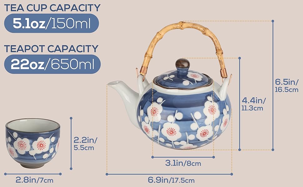 PUNNIO Japanese Tea Set, Japanese Style Porcelain Tea Sets for Adult, 1 Ceramic Tea Pot with ...