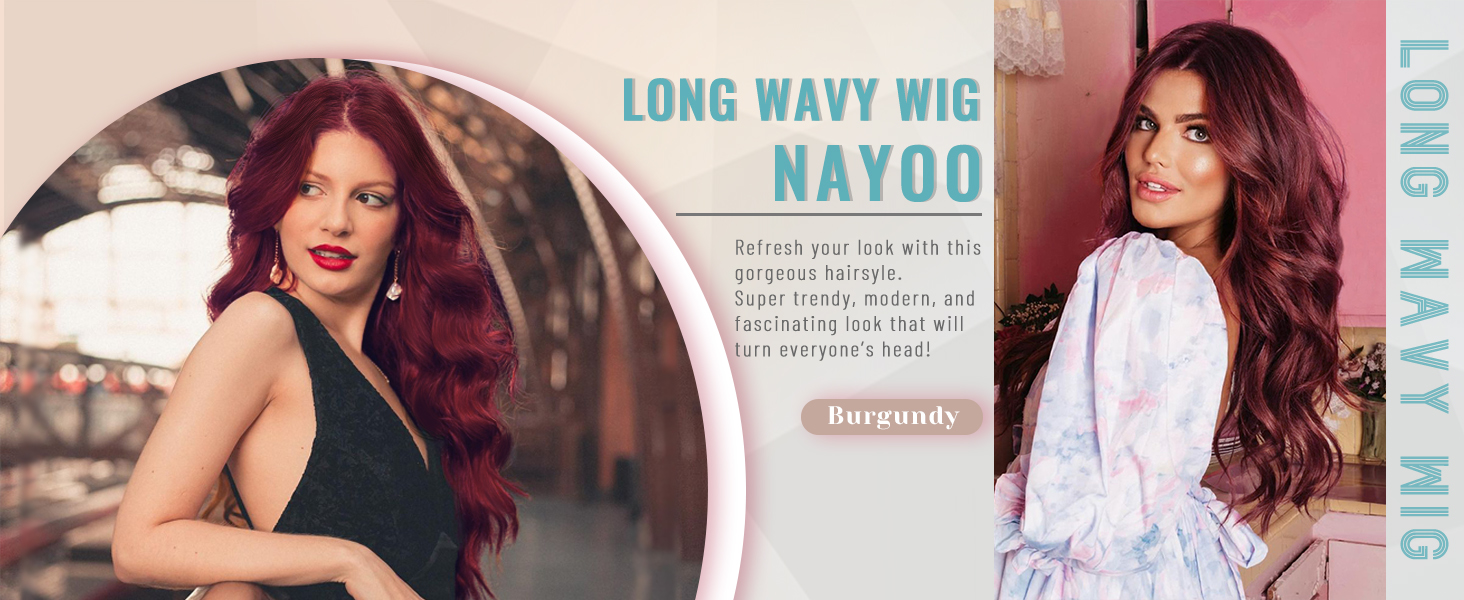 Amazon.com : NAYOO Long Burgundy Wig for Women, 26 Inch Long Burgundy Wavy Wig for Women, Wine ...