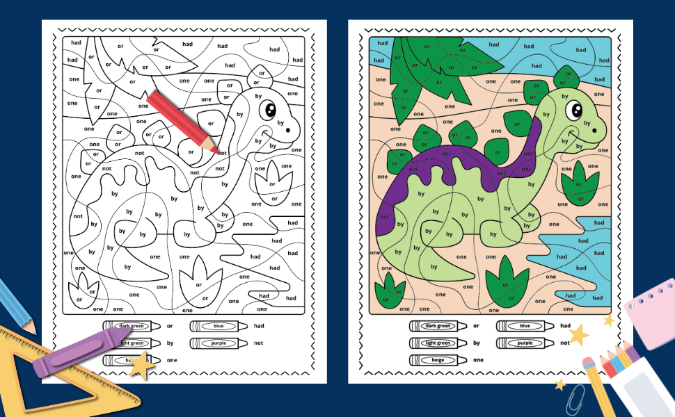 Color by Sight Words Dinosaur Kindergarten Coloring Book: Top 100 high ...