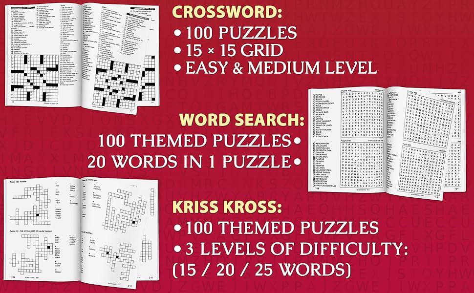 3-in-1 Variety Puzzles Book for Adults - Crossword, Word Search, Kriss Kross with full solutions ...