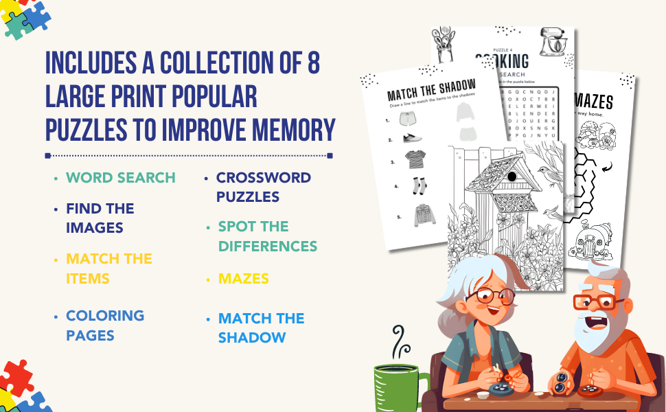 Large Print Memory & Activity Book for Seniors: Easy and Relaxing Puzzles, Coloring Pages, Word ...