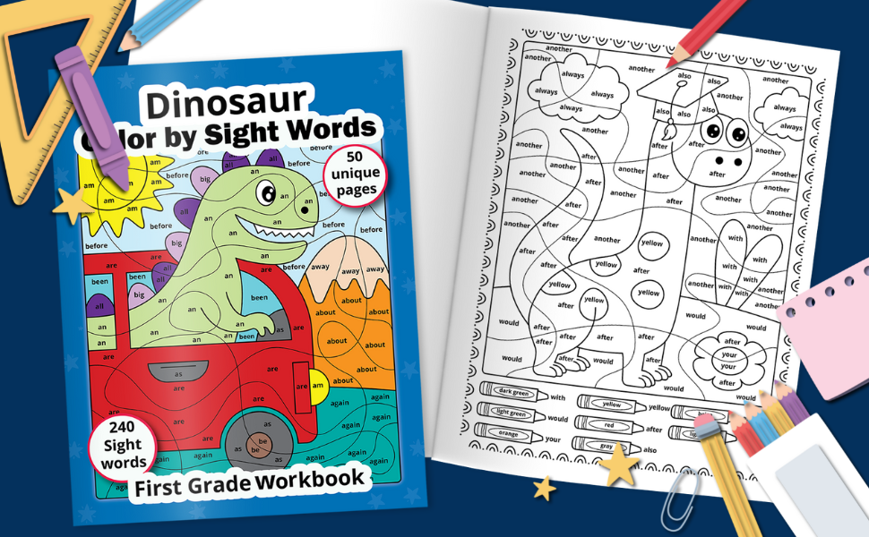Color by Sight Words Dinosaur: First Grade Sight Words Coloring Book ...