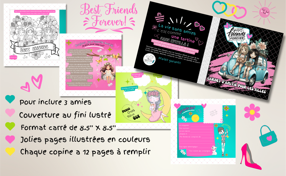 Carnet d'amitié pour les filles: Superbe cahier en couleur de 72 pages à remplir avec 3 amies ...