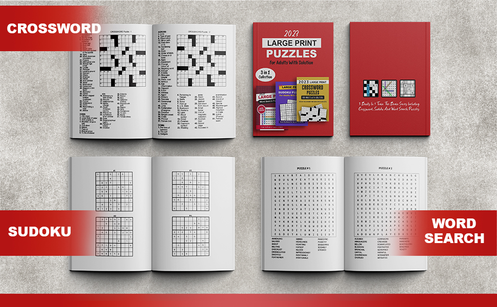 2023 Large Print Puzzles For Adults With Solution: 3 Books In 1 Train The Brain Series Including ...