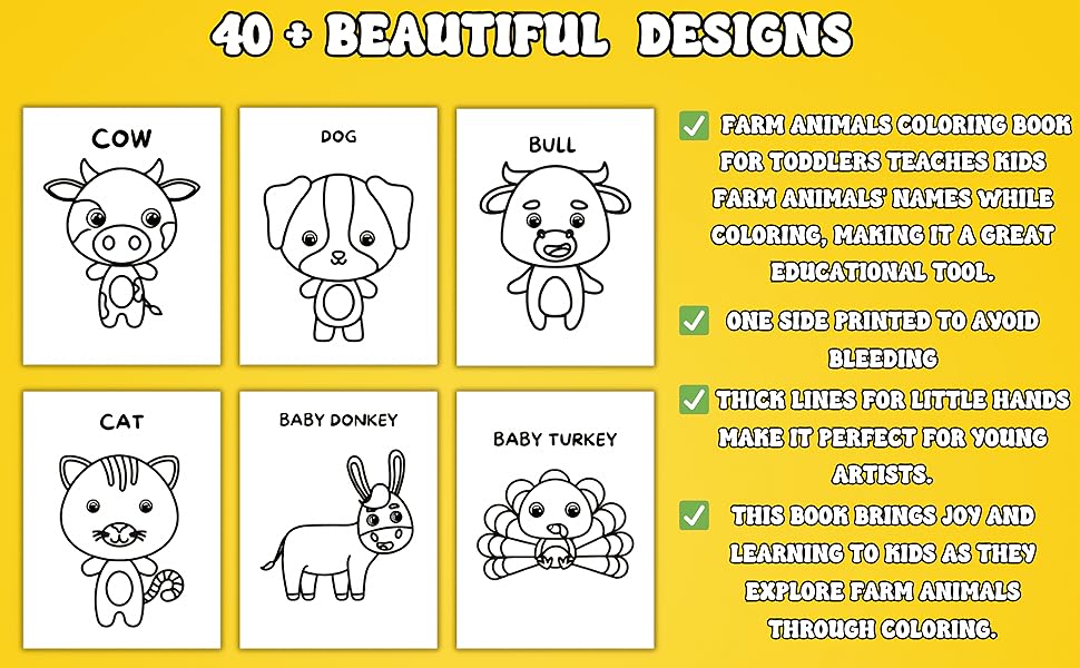Farm Animals Coloring Book for Toddlers: 40+ Cute and Adorable Designs ...