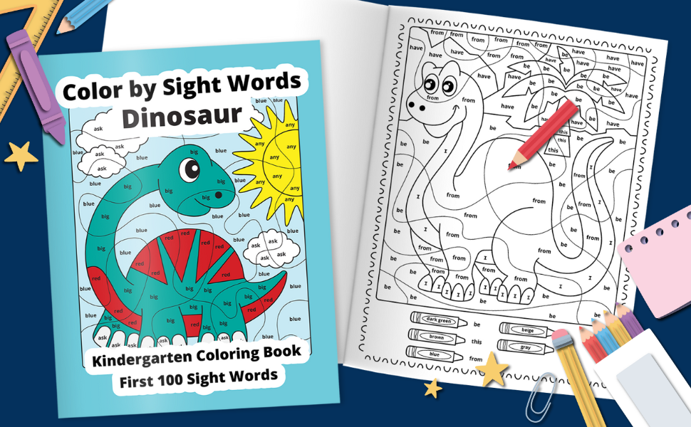 Color by Sight Words Dinosaur Kindergarten Coloring Book: Top 100 high ...