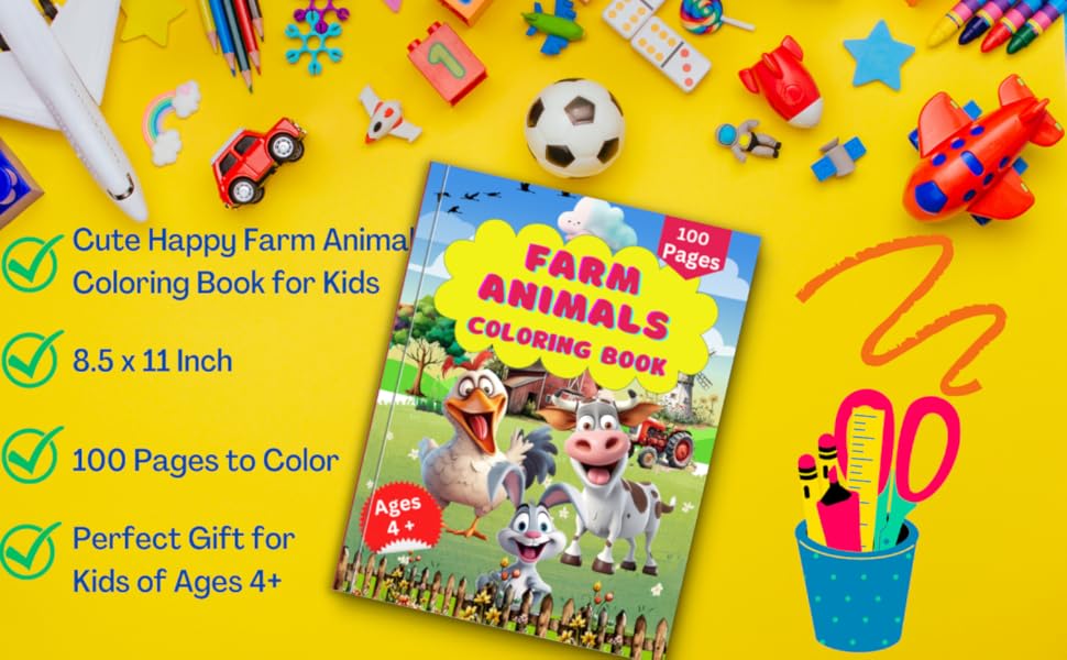 Farm Animals Coloring Book for Kids: Cute Happy Farm Animals Coloring ...