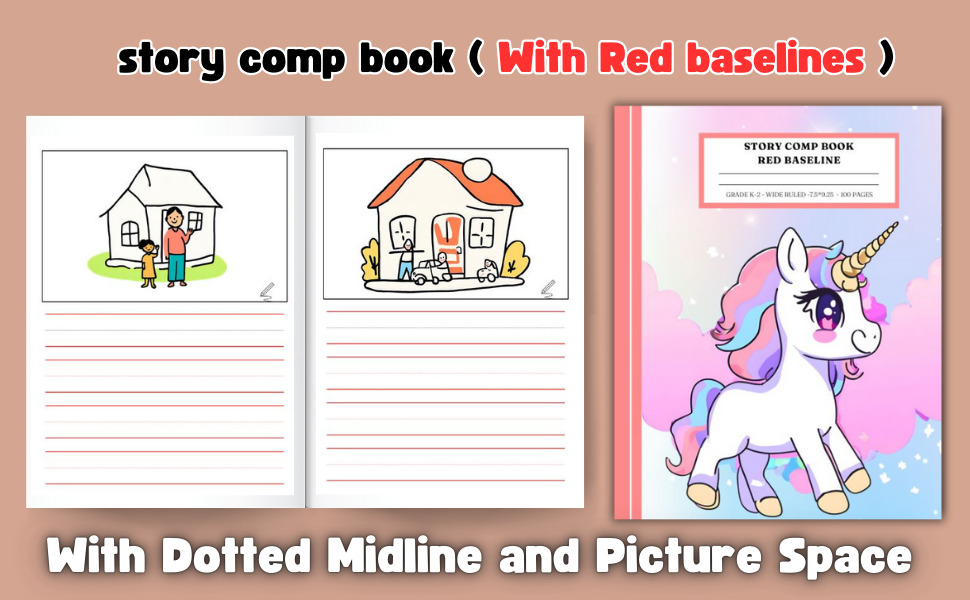 primary story comp book red base: Unicorn Primary Composition Notebook: with Dotted Midline and ...