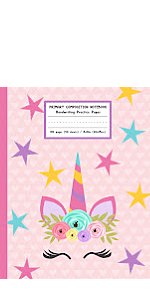 Primary Composition Notebook Handwriting Practice Paper: Adorable Boho Flowers Unicorn with ...