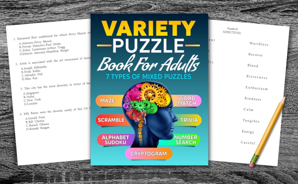 Amazon.com: Variety Puzzle Book For Adults: 7 types of mixed puzzles, Trivia, Word Scramble ...