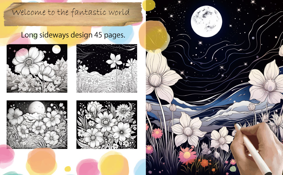 Amazon.com: Coloring book - Moon and Flowers - Grayscale: 45 Fantastic ...