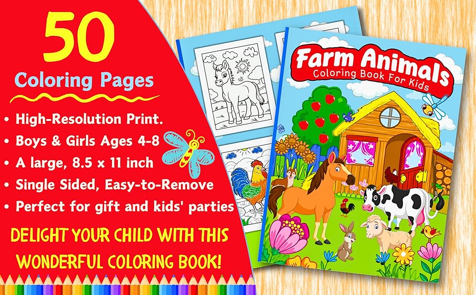 Farm Animals Coloring Book For Kids: 50 Beautiful Coloring Pages with ...