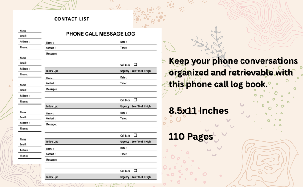 Phone Call Message Log: Phone Call and Voicemail Recording Log Book ...