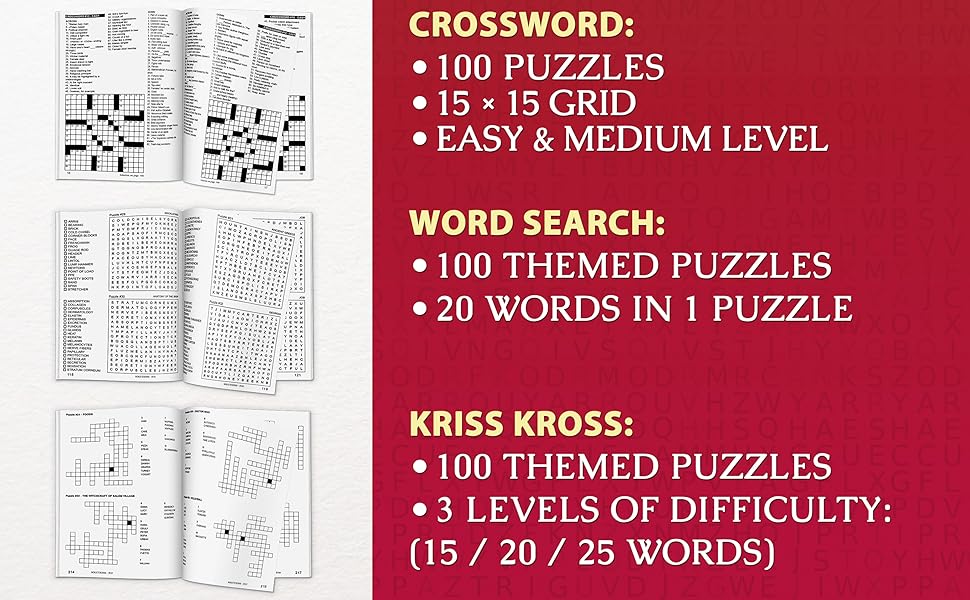 3-in-1 Variety Puzzles Book for Adults - Crossword, Word Search, Kriss Kross with full solutions ...