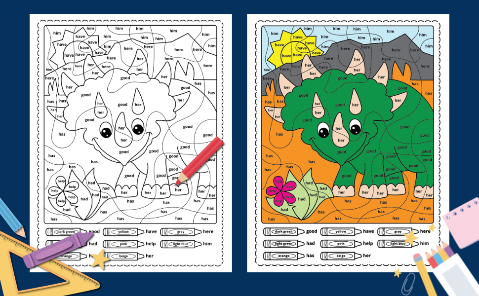 Color by Sight Words Dinosaur: First Grade Sight Words Coloring Book ...