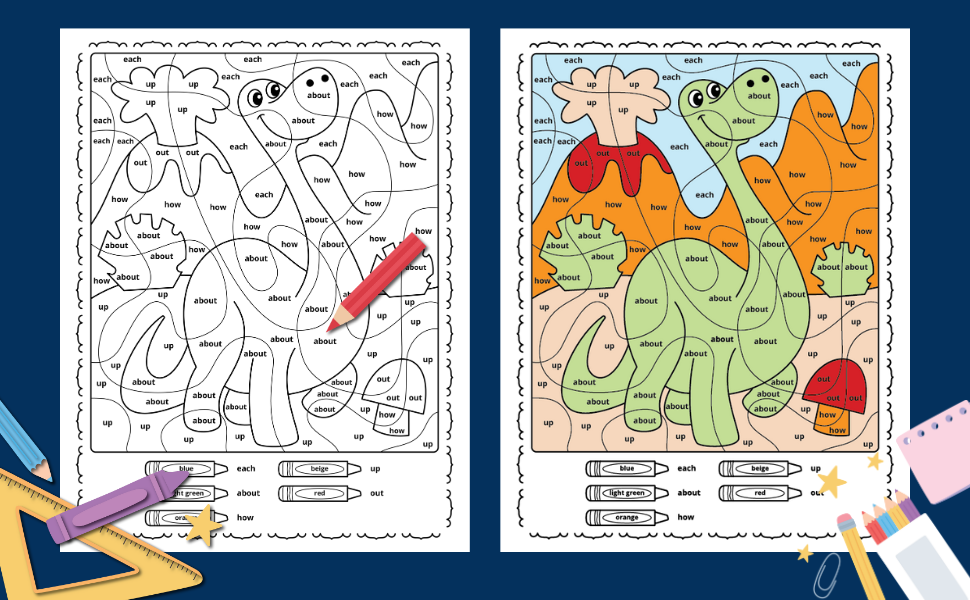 Color by Sight Words Dinosaur Kindergarten Coloring Book: Top 100 high ...