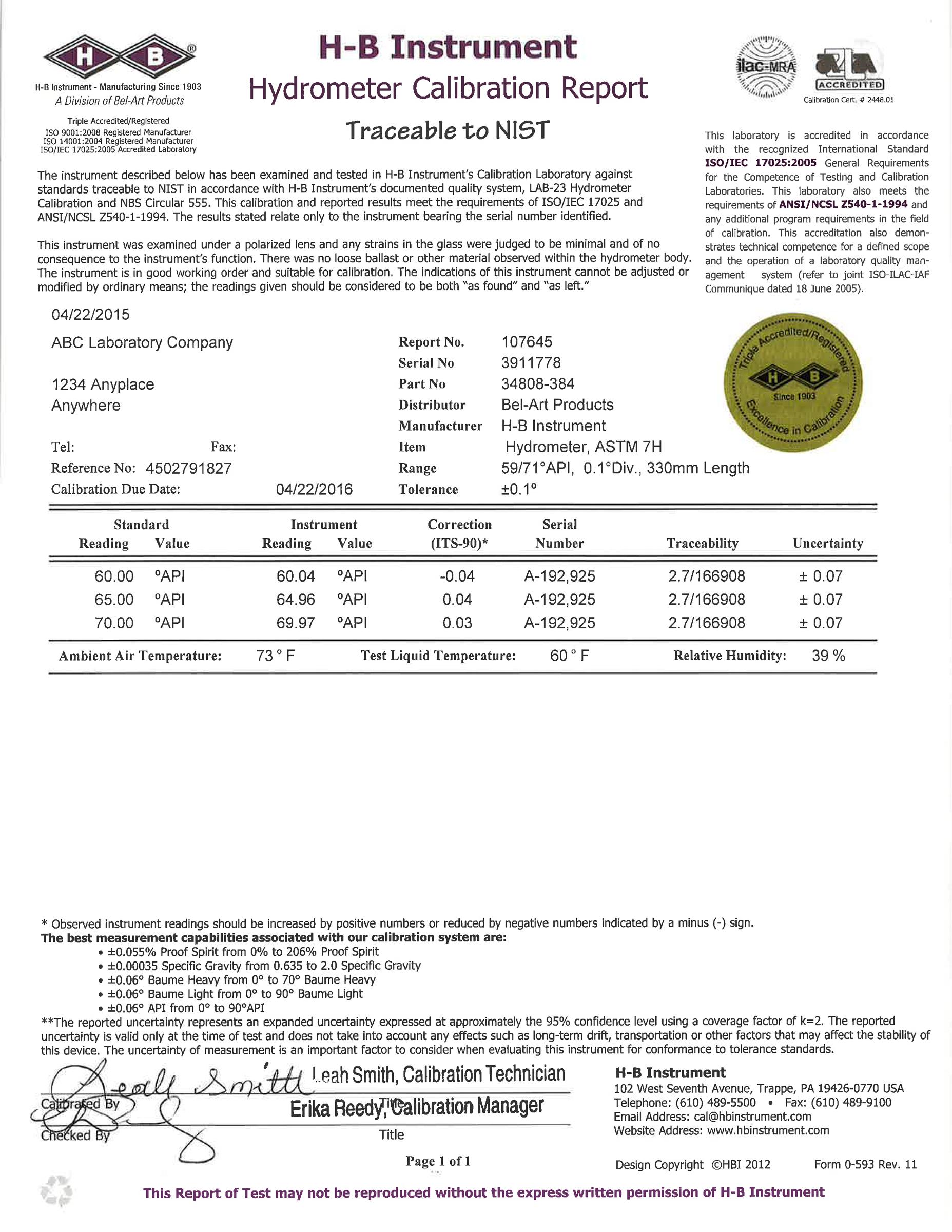H-B DURAC 1.000/1.600 Specific Gravity Hydrometer for Liquids Heavier ...