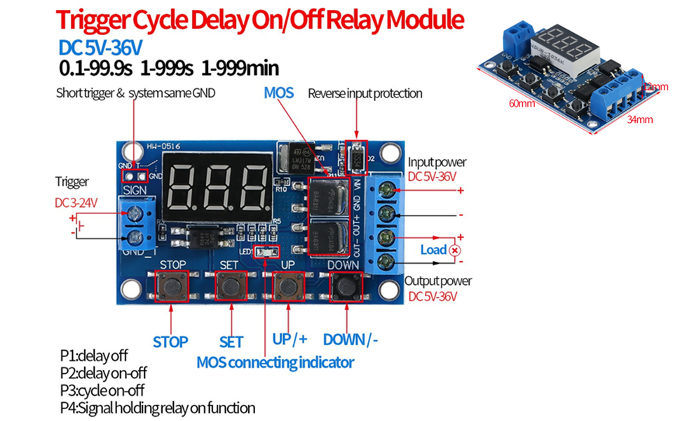 DC 5-36V Digital LED Relay Board Dual-MOS Trigger Cycle Timing Circuit ...