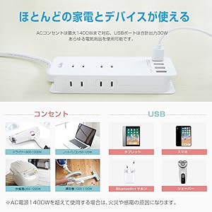 Amazon.co.jp: 【4個ACコンセント＋4個USBコンセント】Ewin 電源タップ Quick Charge3.0ポート搭載 8台家電 USBデバイスに同時に急速充電可能 180 ...