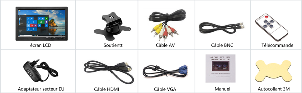 CAMECHO 10.1 Pouces HD CCTV Mini Moniteur, LCD Couleur 1024x600 VGA HDMI BNC AVI Entrée PC DVR ...