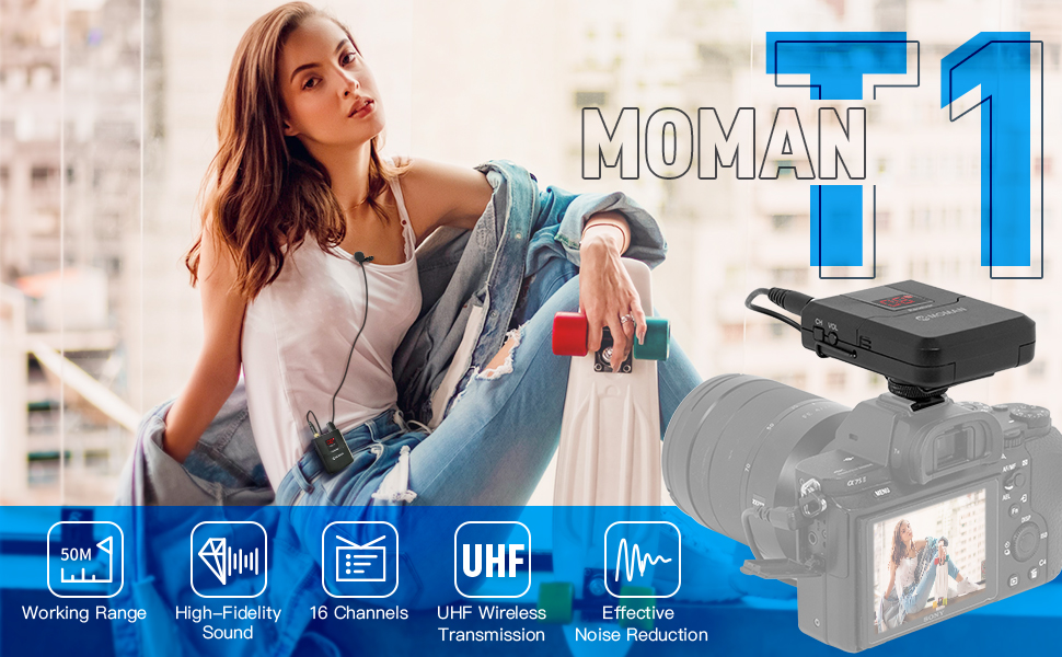 Amazon.com: MOMAN T1 Wireless Microphone Lavalier System, UHF Technology Transmitter& Receiver ...