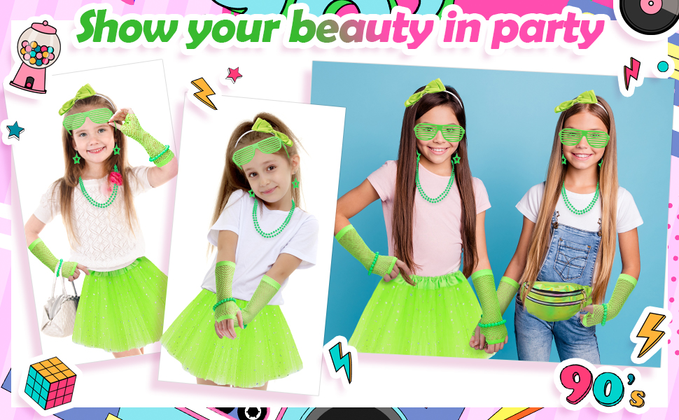 Provone 23Pcs 80s Costume Accessories for Girls Women Neon Tutu Fancy ...