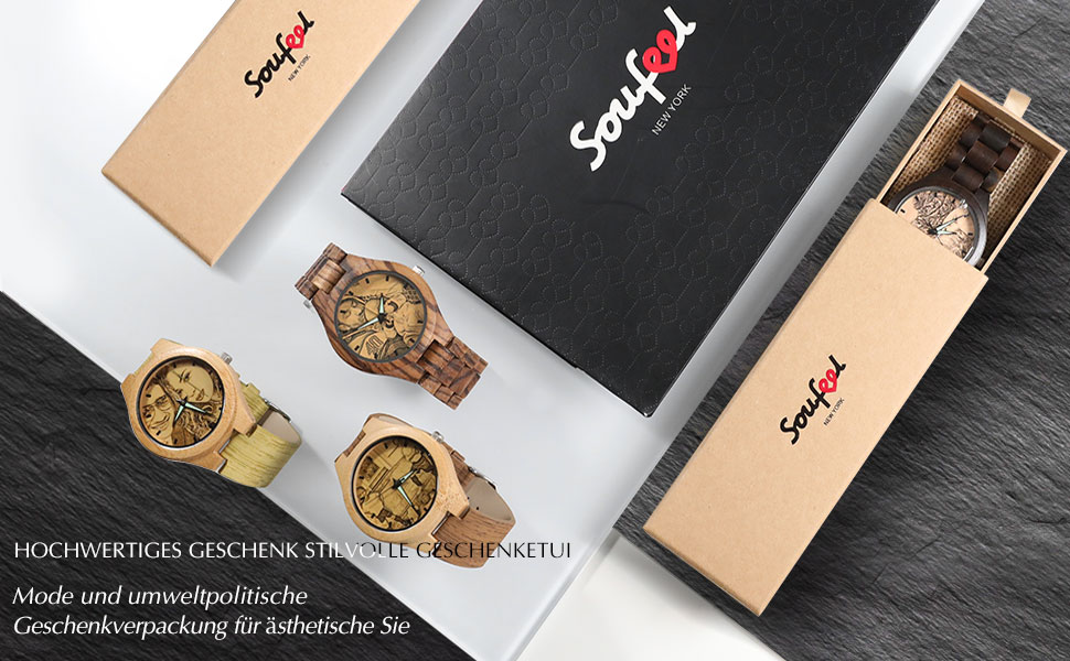 SOUFEEL Herren Uhr Armbanduhr Personalisierte Holzuhr mit Foto und Gravur Analog Japanisches ...