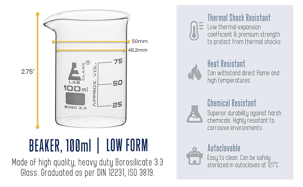 EISCO Beaker, 100ml - Low Form with Spout - White, 25ml Graduations - Borosilicate 3.3 Glass ...