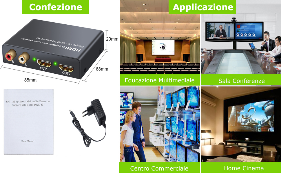 LiNKFOR HDMI Audio Estrattore 2 Uscite 4K 3D con Alimentatore HDMI a SPDIF Toslink Ottico + 2 ...