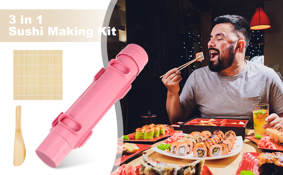 HEQU 3 in 1 Sushi Making Kit, Sushi Bazooka with Sushi Rolling Mat & Sushi Paddle for Home ...