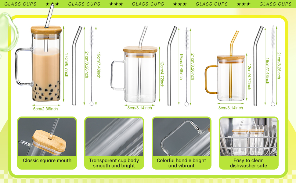 Amazon.com: Rtteri 12 Pcs Glass Cups with Straws and Lids, Portable Iced Coffee Square Glass ...