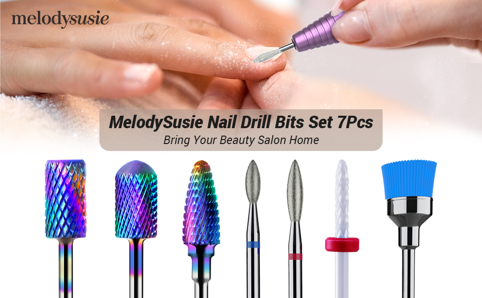 MelodySusie Nail Drill Bits Set, 7pcs Tungsten Carbide Diamond Cuticle Nail Bits for Nail Drill ...