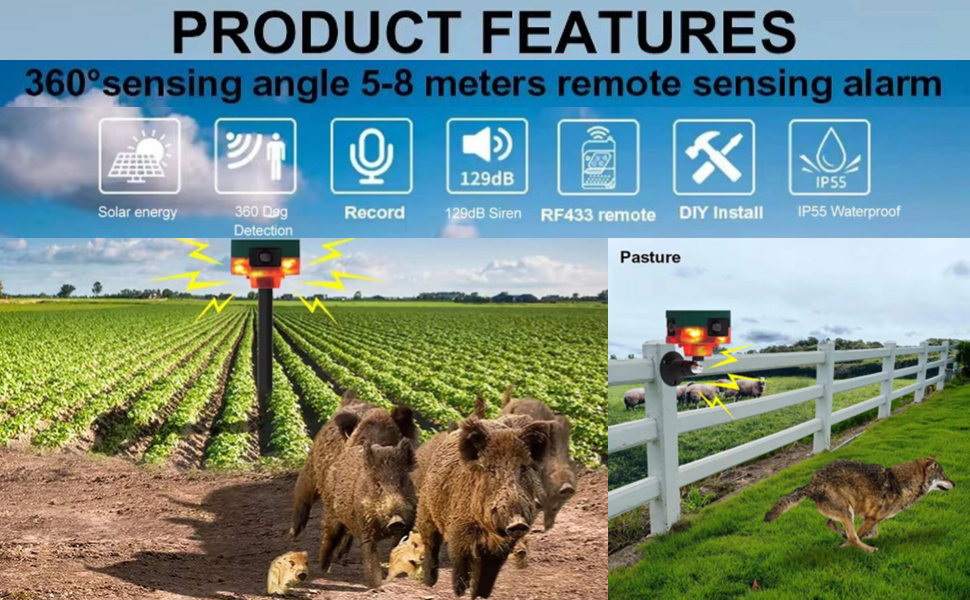 Solar Outdoor Motion Sensor Alarm, IP55 Waterproof 129db Siren 360 Deg Detection Outdoor Motion ...