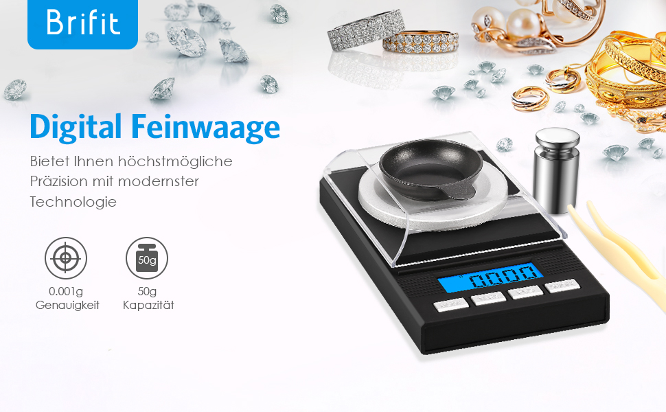 Brifit Feinwaage 50g/0,001g, Milligramm Waage mit Kalibriergewicht, Taschenwaage, Goldwaage ...