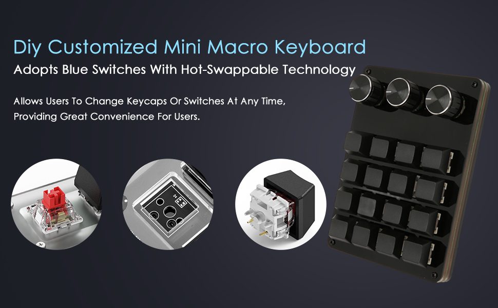 Mini Macro Keypad, 16 Keys One Handed Programmable Keyboard with 3 ...