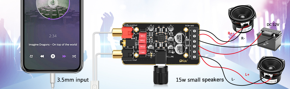 DC 12V 24V Audio Amplifier Board, DROK 15W+15W Digital Audio Stereo Amp ...