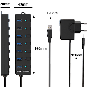 USB 3.0 Hub mit Netzteil,VEMONT 7 Ports USB Hub Aktiv USB Verteiler 5Gbps und Einzelne EIN/Aus ...