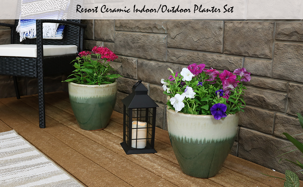Amazon.com: Sunnydaze Resort Ceramic Flower Pot Planter with Drainage Holes - Set of 2 High ...