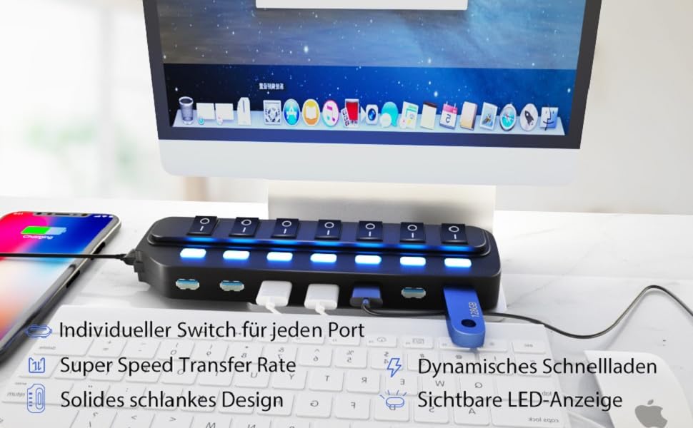 Likorlove USB 3.0 Hub mit 7 Ports, 60 cm Kabel und Einzelschaltern – Ultra-dünner USB Hub ...