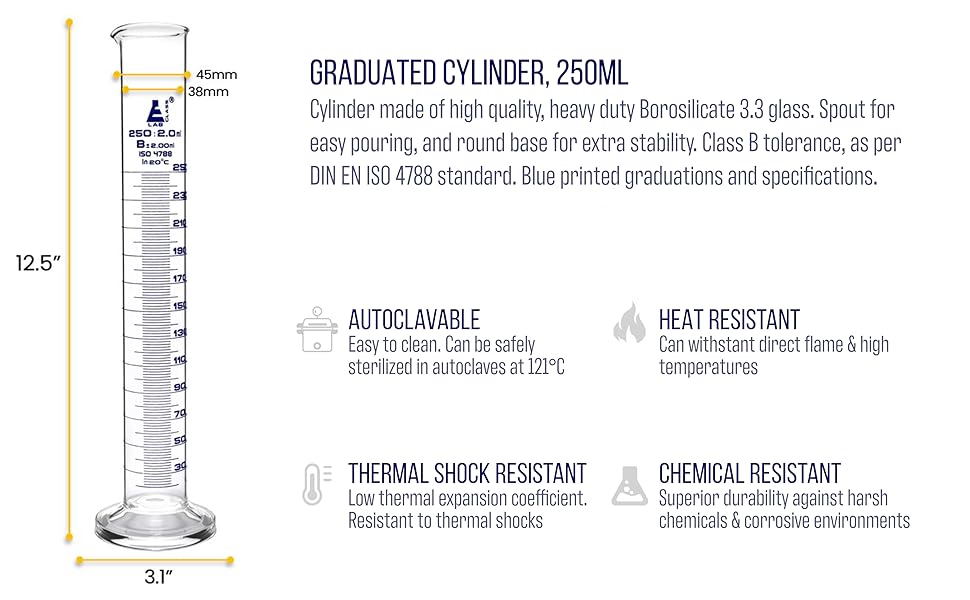 Graduated Cylinder, 250ml - Class B Tolerance ±2.00ml - Round Base - Blue Graduations ...