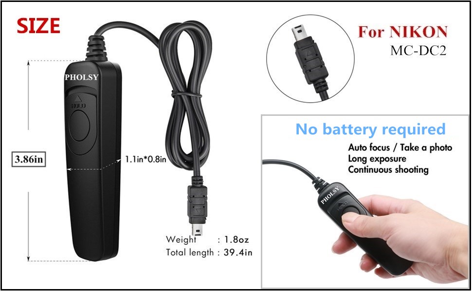 Amazon.com : PHOLSY N10 Shutter Remote Control Cable Release Cord for Nikon Z5, Z7-II, Z6, Z6-II ...