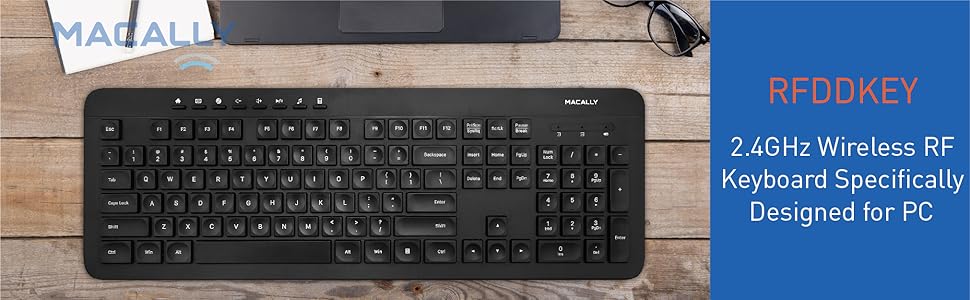 Macally Wireless Keyboard, 2.4G Ergonomic Full Size Wireless Computer Keyboard for Laptop or ...