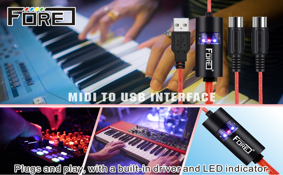 FORE MIDI to USB Interface MIDI Adapter with Input&Output Connecting with Keyboard/Synthesizer ...