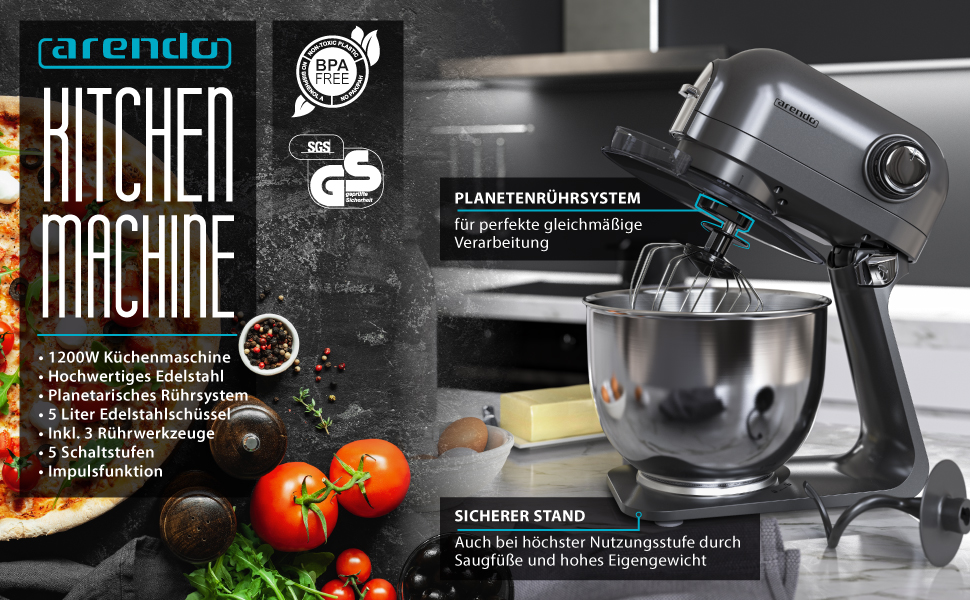 Arendo - Powerful Food Processor 5 Litres, Stainless Steel Mixing ...