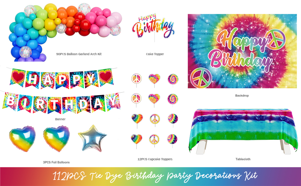 Amazon.com: Fiesec Tie Dye Birthday Party Decorations – 112PCs Rainbow ...