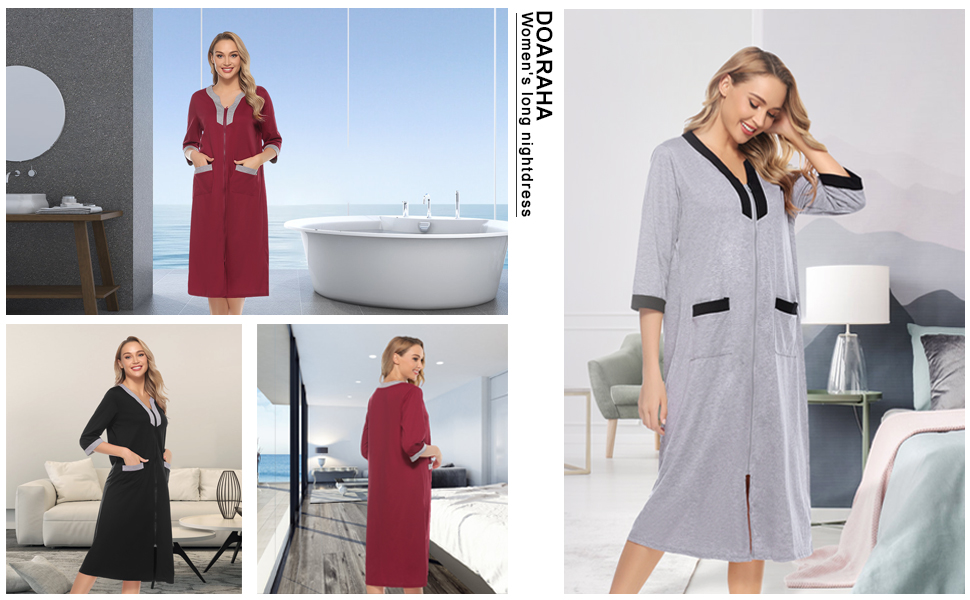 Doaraha Women Zipper Robe Half Sleeve Loungewear Full Length Nightgown ...