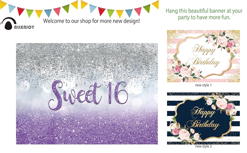 Amazon.com : Allenjoy Sweet 16 Silver Purple Bokeh Glitter Backdrop for Girls Happy 16th ...