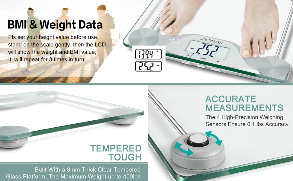 Amazon.com: NUTRI FIT Digital Bathroom Scale BMI & Body Weight Monitor Precise Measurements ...