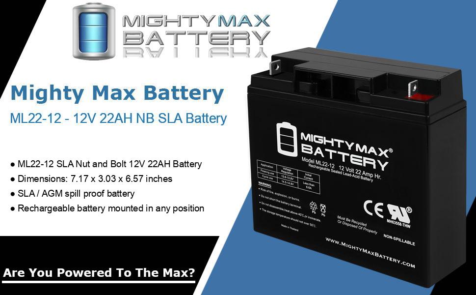 Amazon.com: Mighty Max Battery ML22-12 - Terminal de tuerca y perno (NB), batería recargable SLA ...