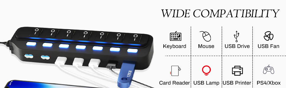 Likorlove USB 3.0 Hub mit 7 Ports, 60 cm Kabel und Einzelschaltern – Ultra-dünner USB Hub ...